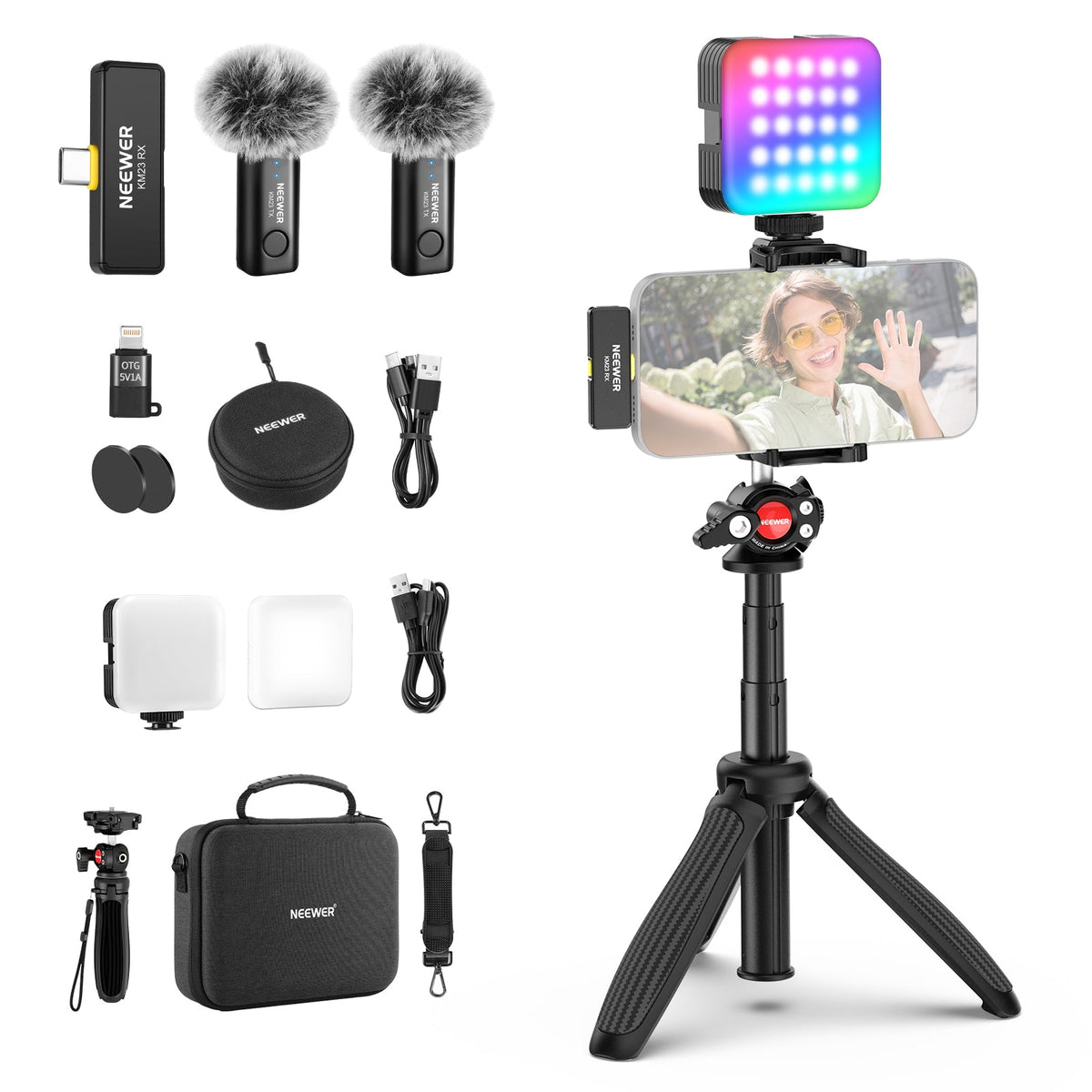 NEEWER PA048 Vlogging Kit for Phone with RGB Light/Wireless Mic/Selfie ...