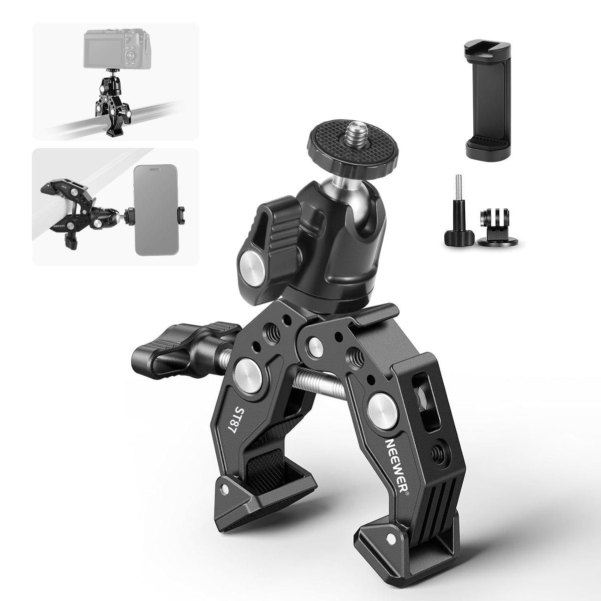NEEWER ST87 3" Super Clamp with Phone Holder & Action Camera Adapter ...