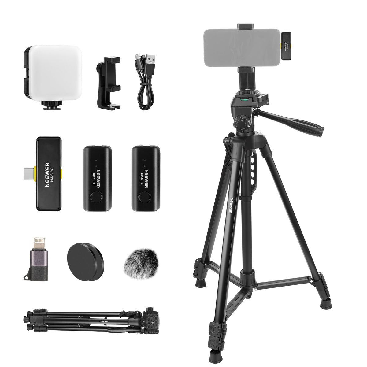 NEEWER BASICS PA056 55.9" Phone Tripod Vlogging Kit with RGB Light & W