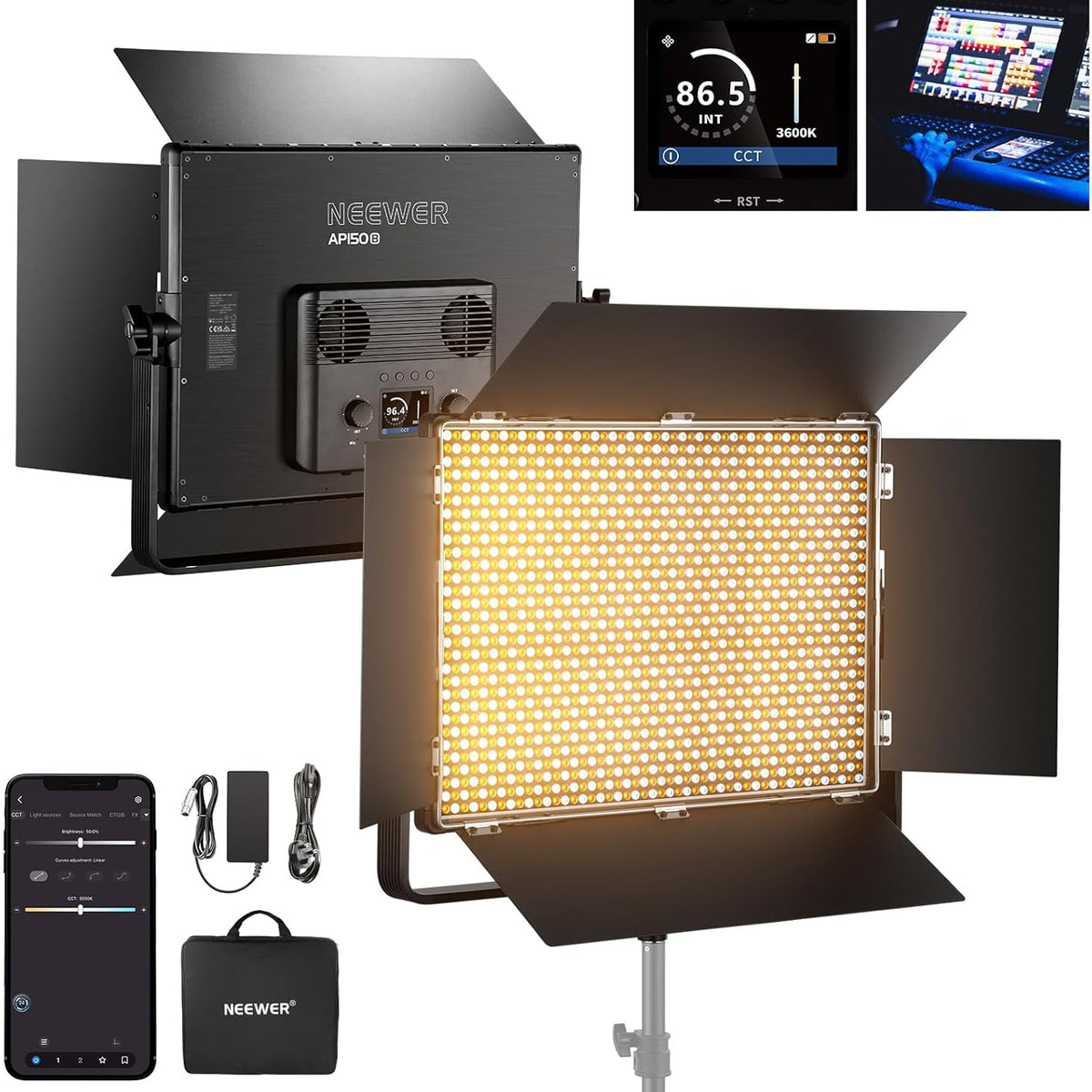 NEEWER AP150B 150W Bi Color LED Panel Video Light with APP/2.4G/Panel ...
